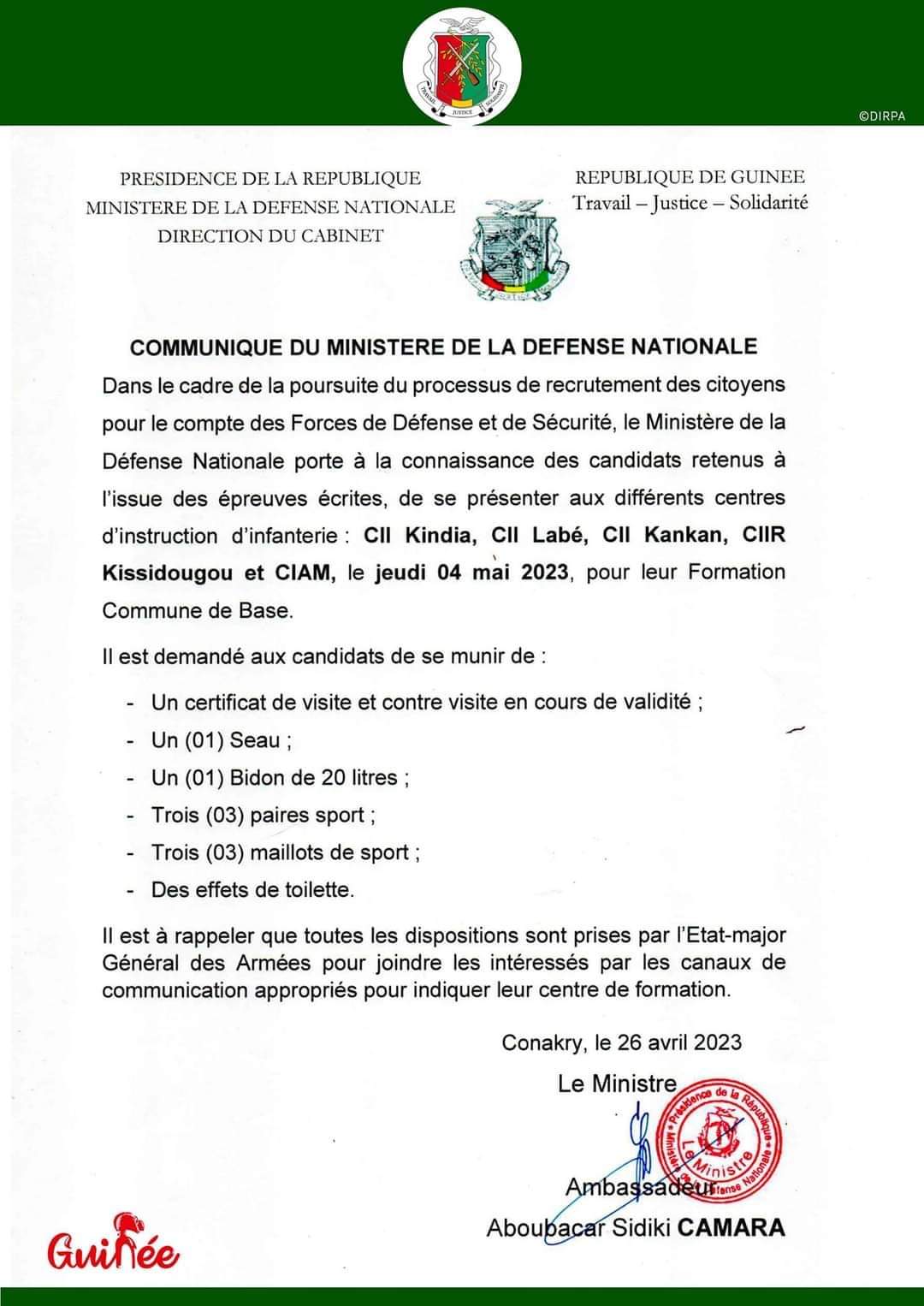 Recrutement dans l'armée guinéenne : cet important communiqué du ... Recrutement dans l'armée guinéenne : cet important communiqué du ...
